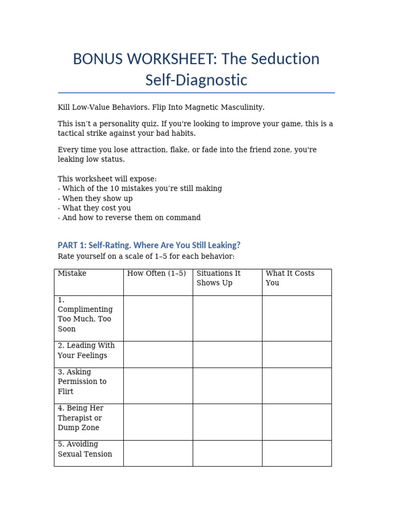 Zoltium Seduction Self-Diagnostic Worksheet | PDF