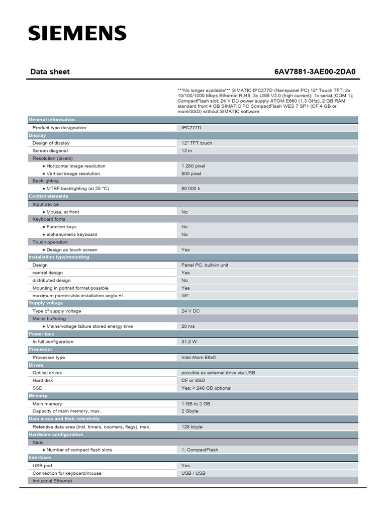 6AV78813AE002DA0 Datasheet en | PDF | Personal Computers | Solid State Drive