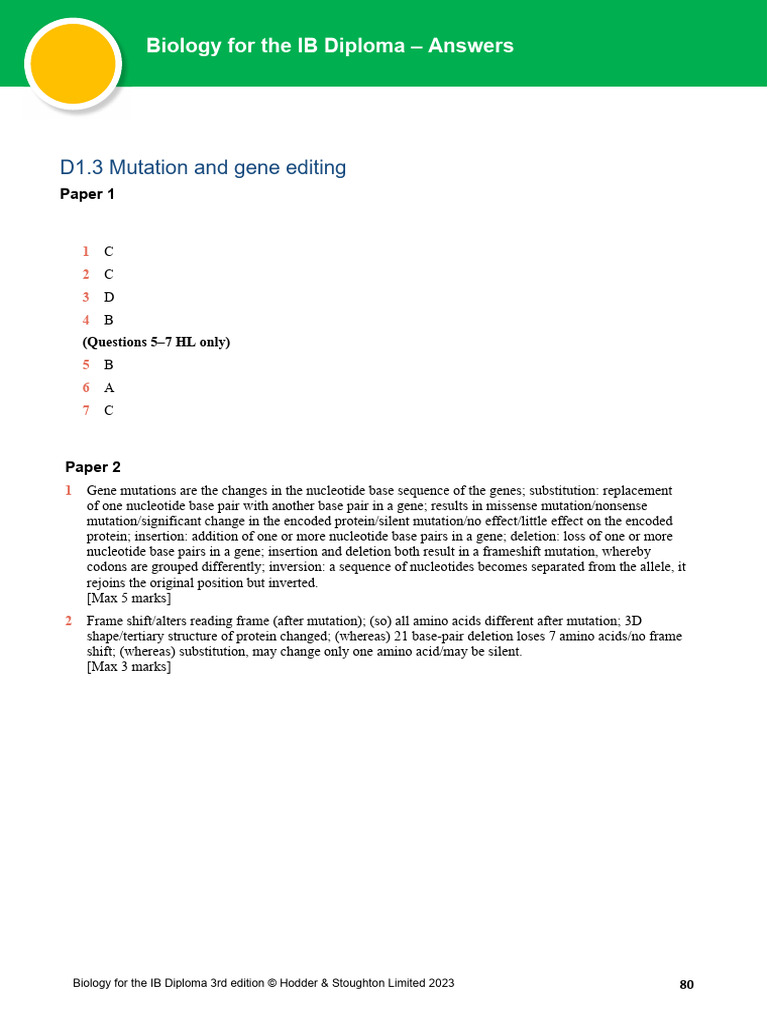 D1.3 Gene Mutations and Gene Editing - Hodder - Answers | PDF | Gene ...