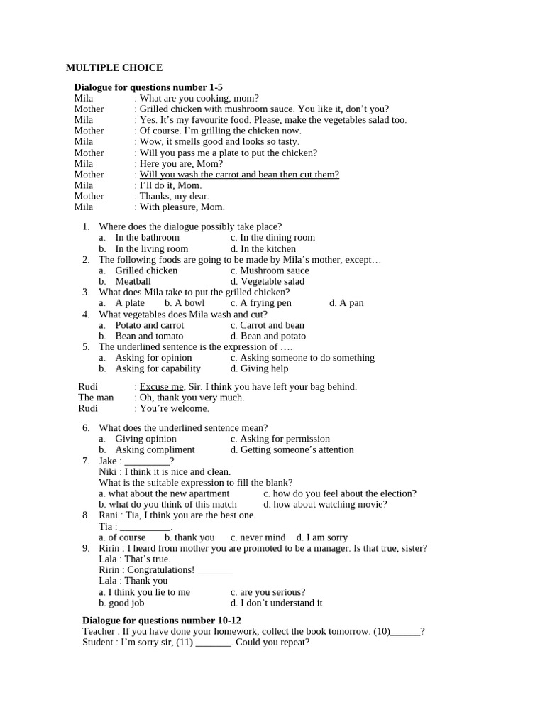 Dialogue-Based English Comprehension Test | PDF | Foods