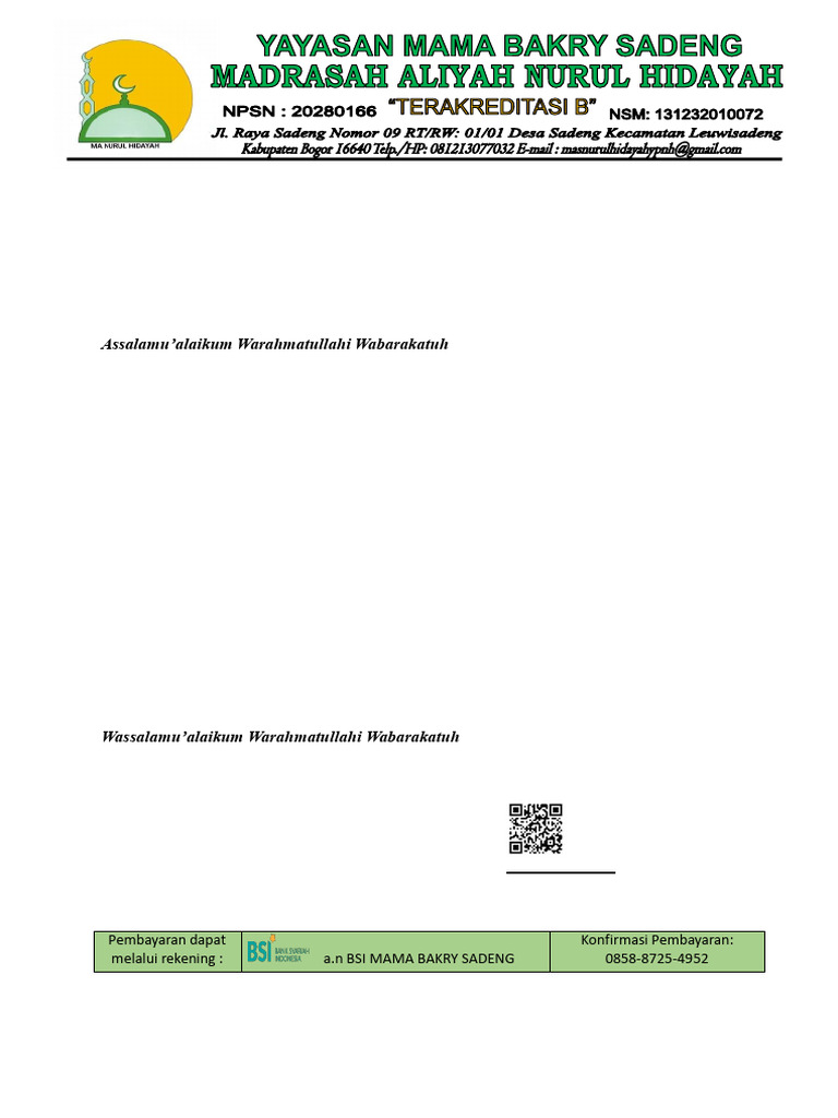Pemberitahuan Kembali Pembayaran SPP MA MBS Semester 2 | PDF