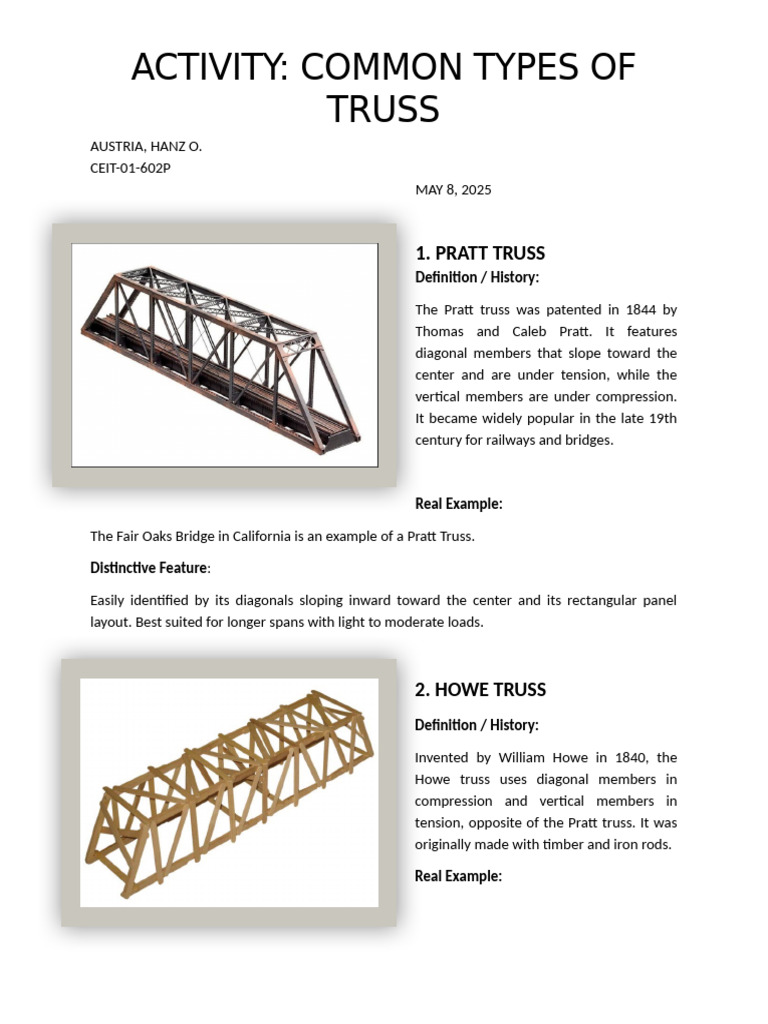 ACTIVITY (Common Types of Truss) | PDF | Truss | Structural Engineering