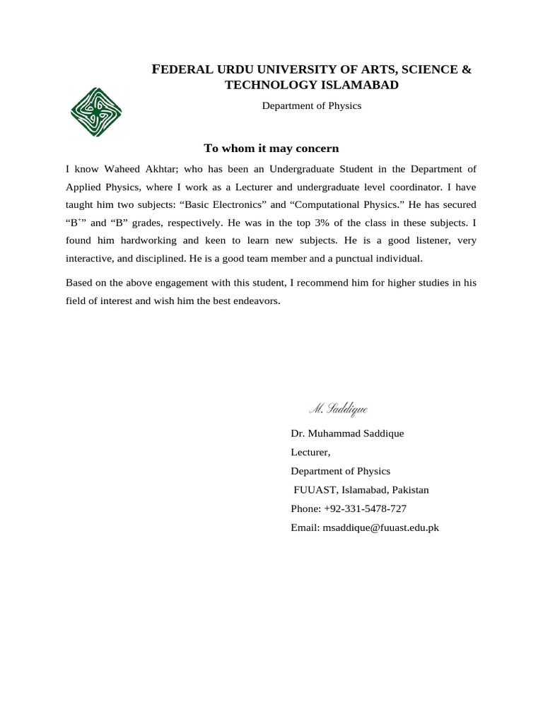Reference Letter Waqar Yousuf | PDF