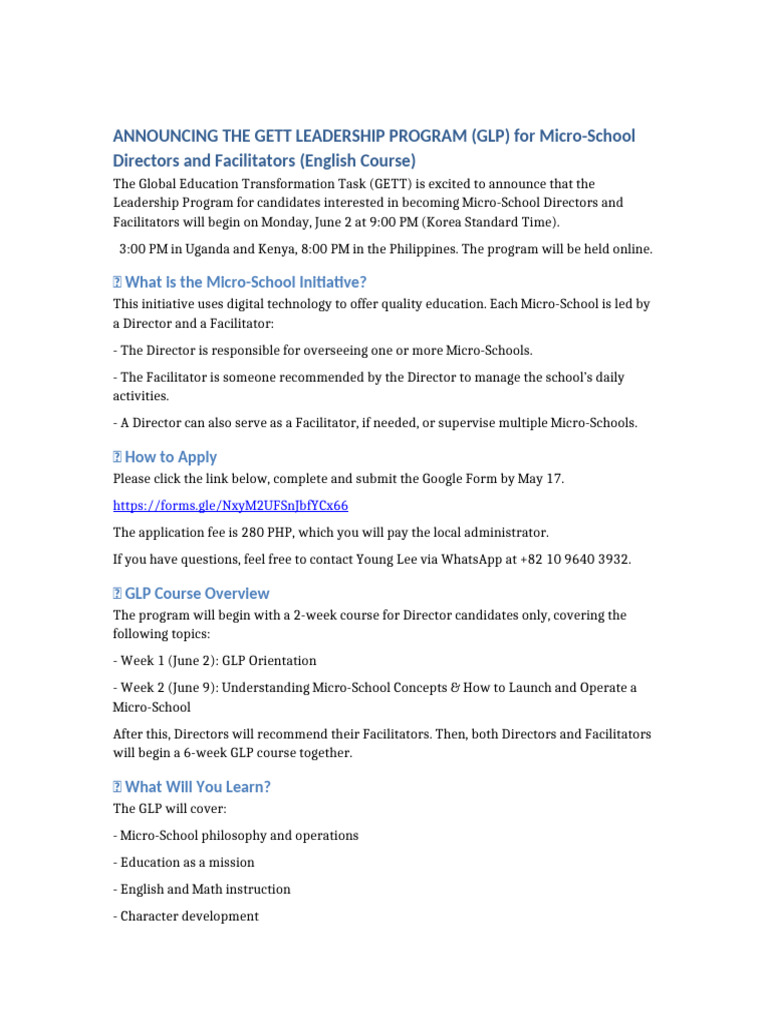 01 GLP (GETT Leadership Program) Announcement (English Course) | PDF