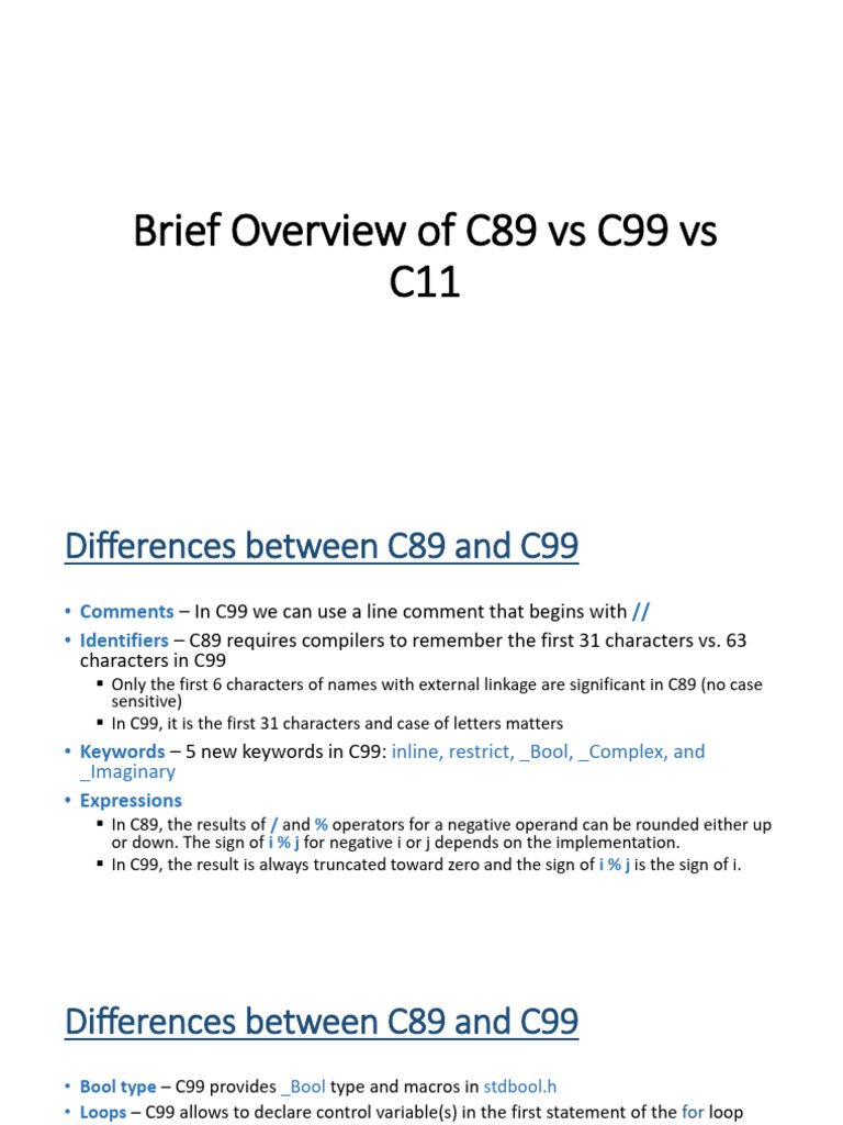 Brief Overview of C89 vs C99 vs C11 | PDF | Macro (Computer Science) | Computer Science