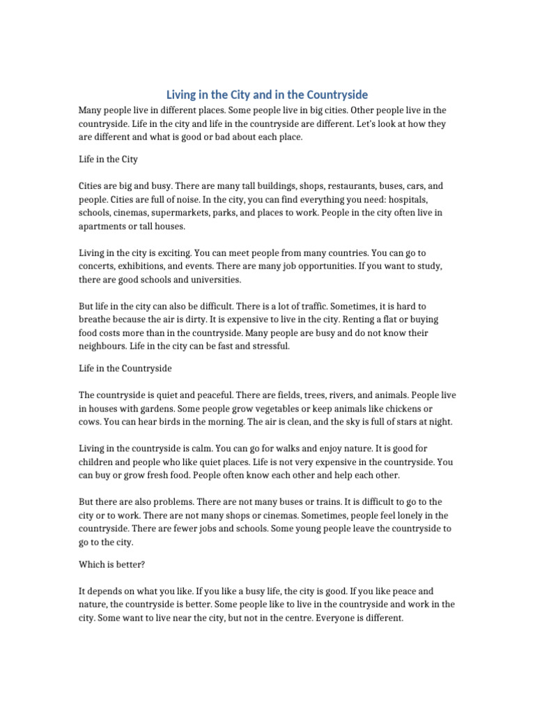 City Vs Countryside A2 Lesson | PDF