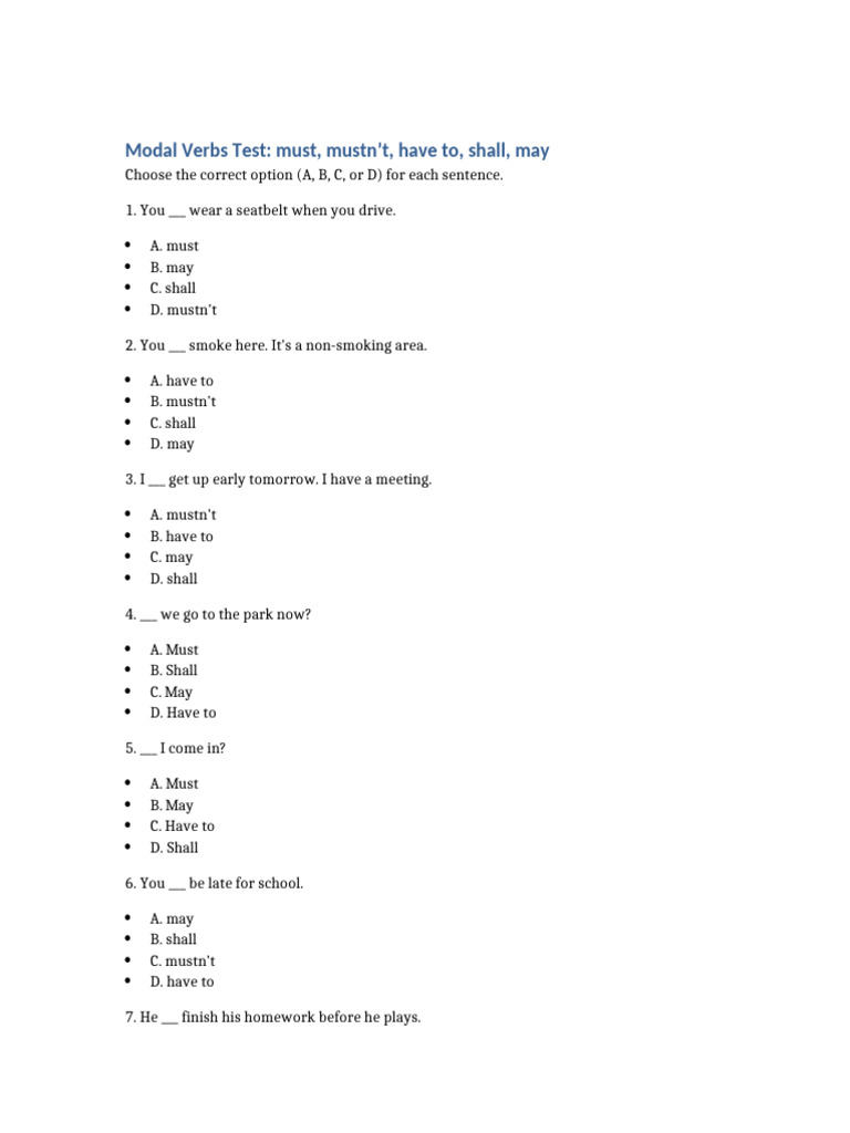 Modal Verbs Test | PDF