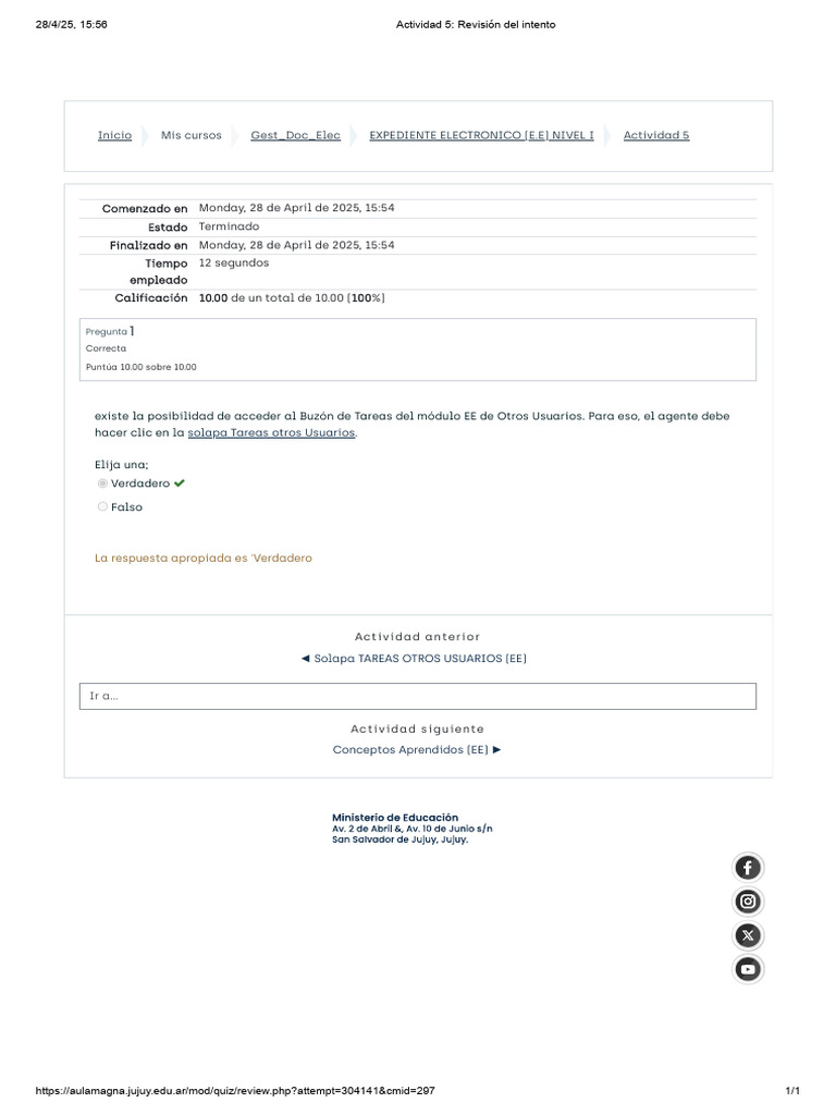 EXPEDIENTE ELECTRONICO (E.E) NIVEL I Actividad 5 - Revisión Del Intento | PDF