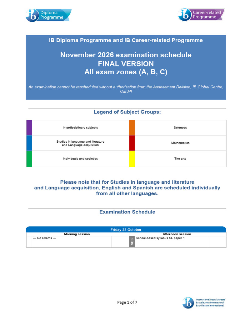 IB N26 Exam Dates | PDF