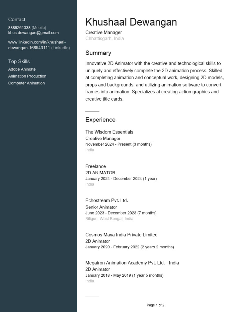 2D Animator Khushaal Dewangan Profile | PDF
