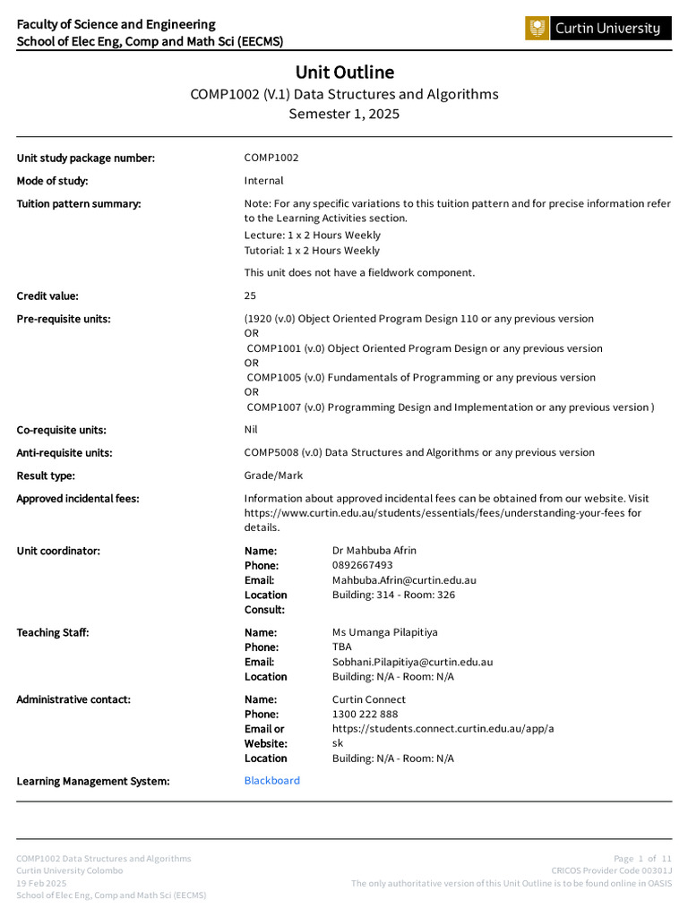 COMP1002 Data Structures and Algorithms Semester 1 2025 Curtin University Colombo INT | PDF ...