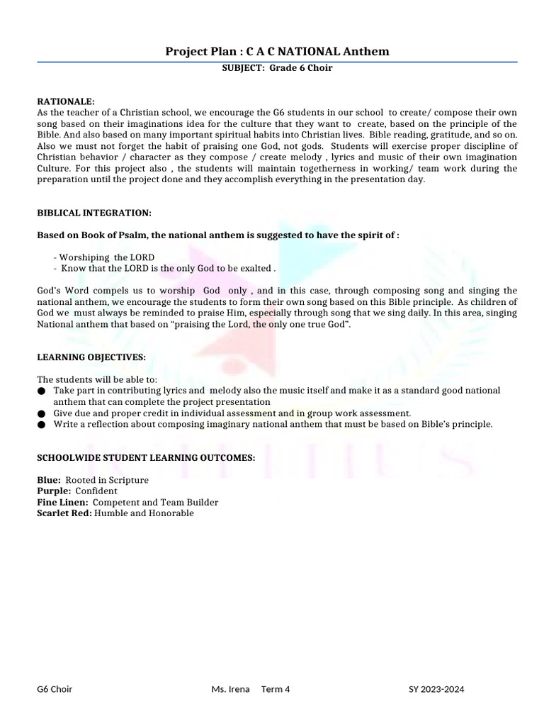 T4 G6 2025 Project Plan - CAC National Anthem | PDF | God | Bible