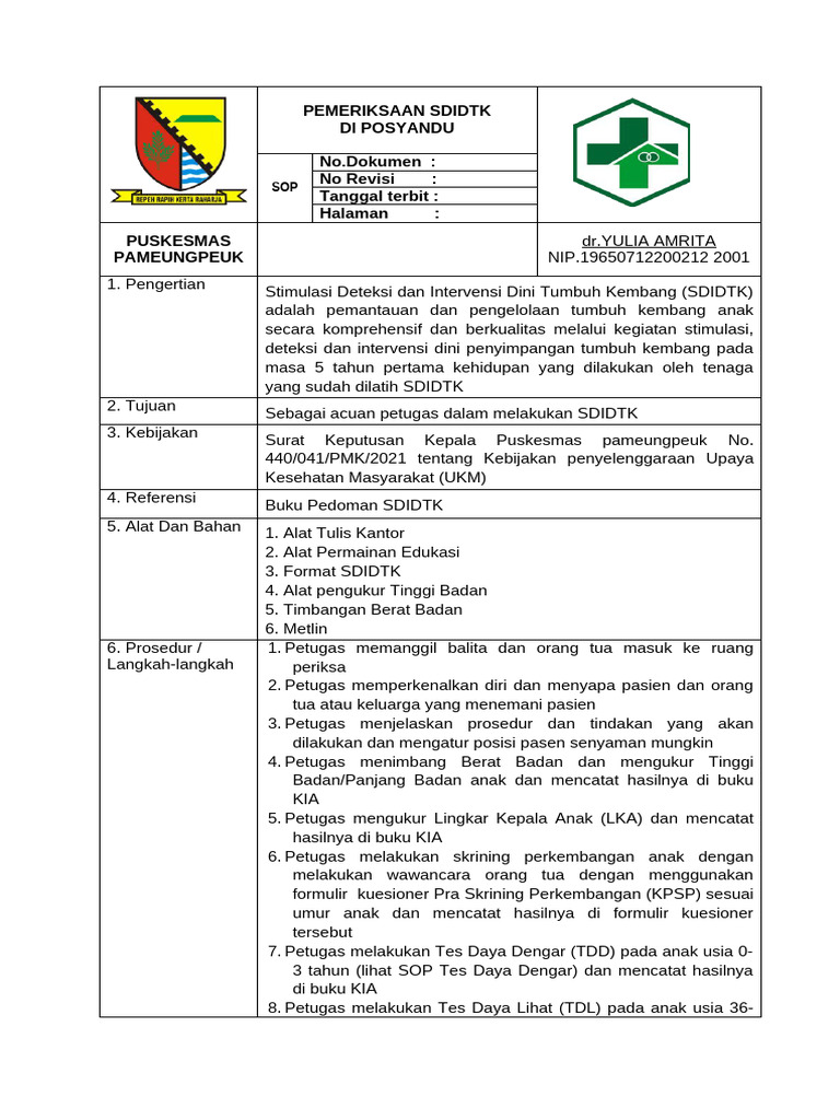 Sop PEMERIKSAAN SDIDTK DI POSYANDU | PDF
