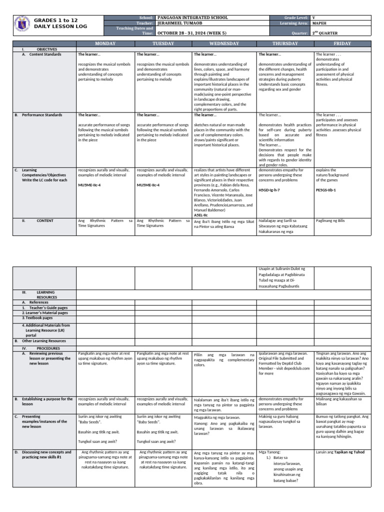 DLL_MAPEH 5_Q2_W5 | PDF