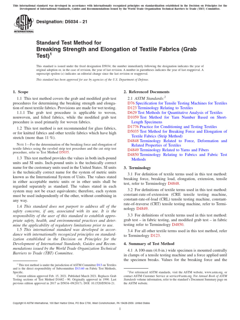 ASTM D5034-21 Textile Grab Test Standard | PDF | Textiles | Sampling ...