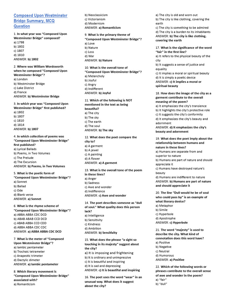 Composed Upon Westminster Bridge | PDF | Poetry | Senses