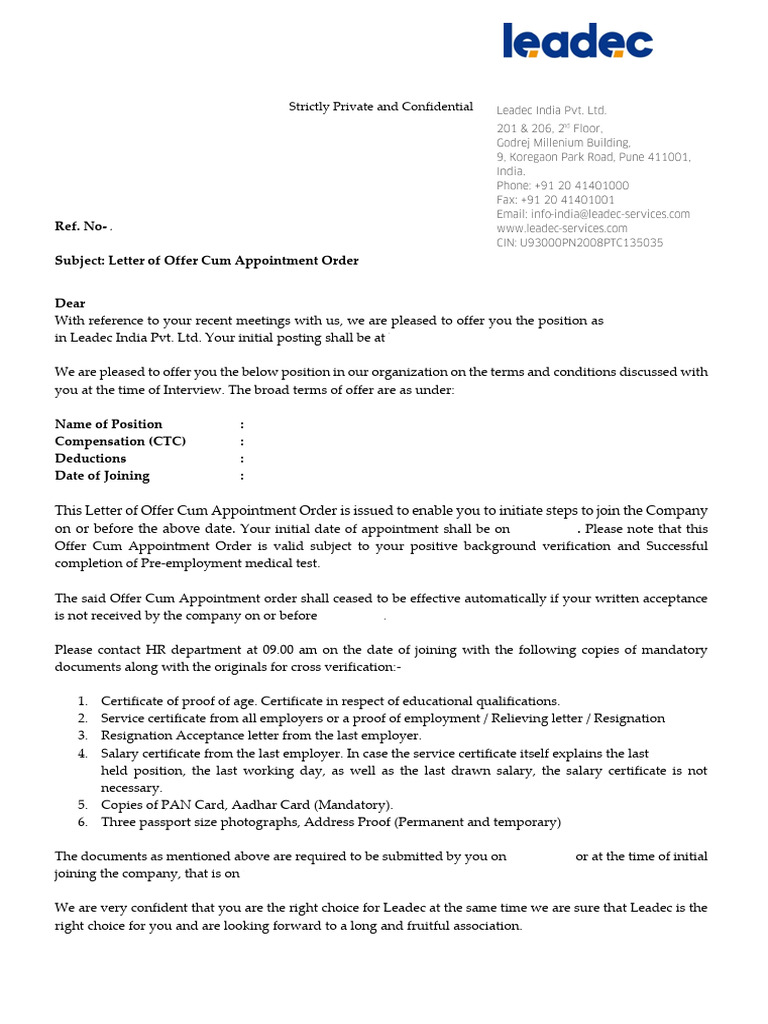Sample Appointment letter (1) | PDF | Salary | Employment