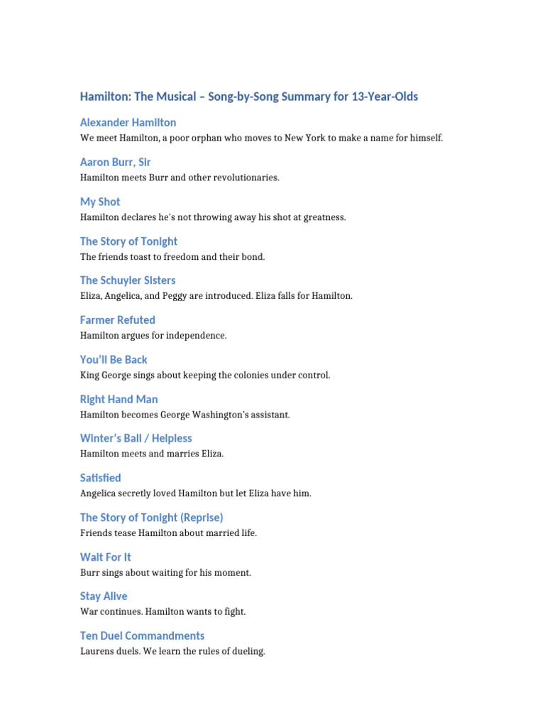 Hamilton Summary For 13 Year Olds | PDF | Hamilton (Musical ...