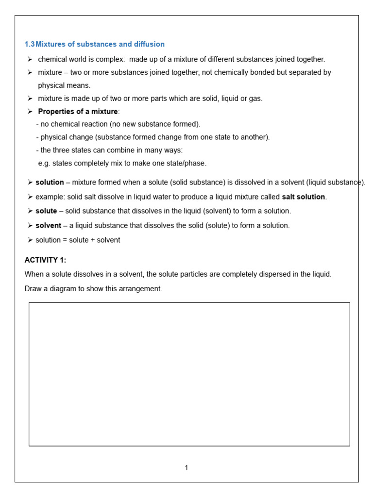 Topic 1.3 - Mixtures of Substances and Diffusion | PDF | Solubility | Mixture