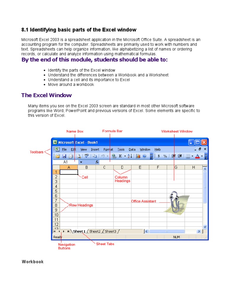 Identifying Basic Parts of The Excel Window | Download Free PDF | Microsoft Excel | Spreadsheet