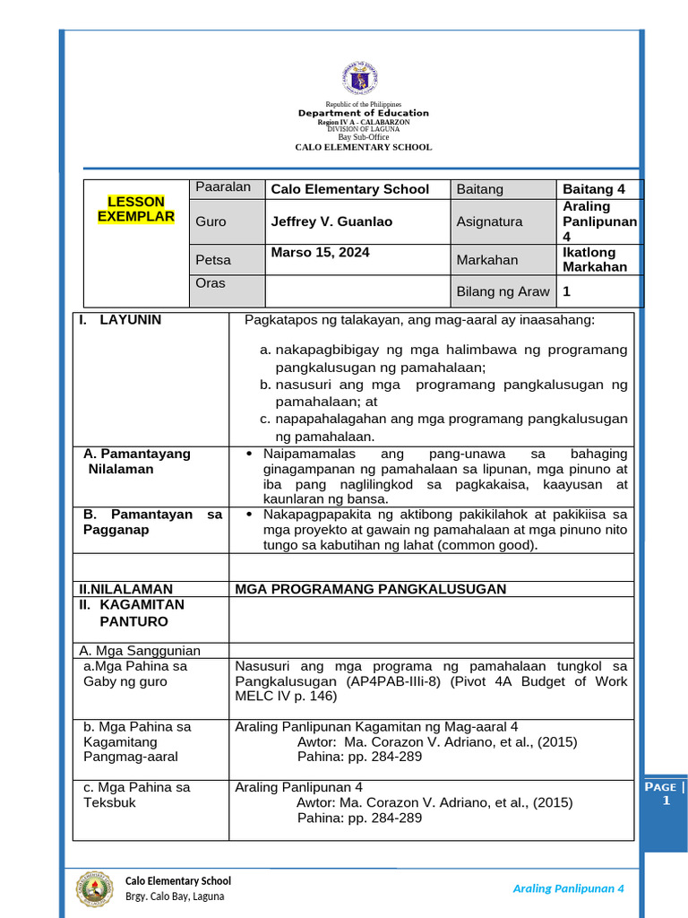 Lesson Exemplar Sa Araling Panlipunan 4 | PDF