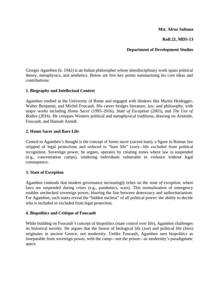 Agamben's Work - Afroz | PDF | Liberal Arts Education