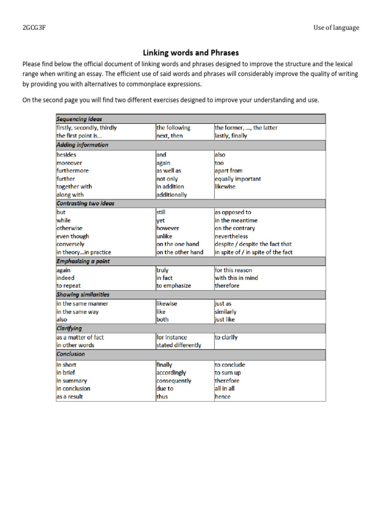 2GCG3F 2425 Linking Words Matching Exercise S | PDF | Phrase | Sentence ...