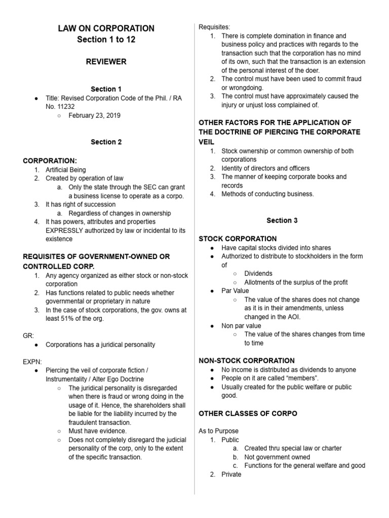 Corpo Section 1 12 Reviewer | PDF | Stocks | Share (Finance)