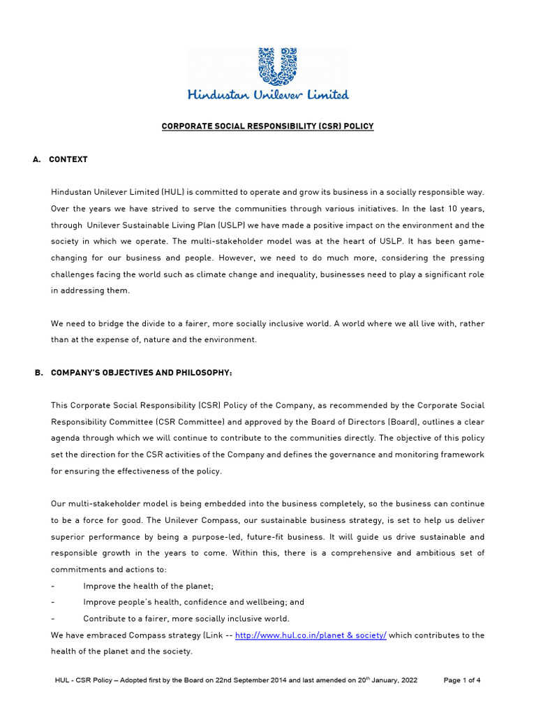Hindustan Unilever Limited - CSR Policy | PDF | Corporate Social ...