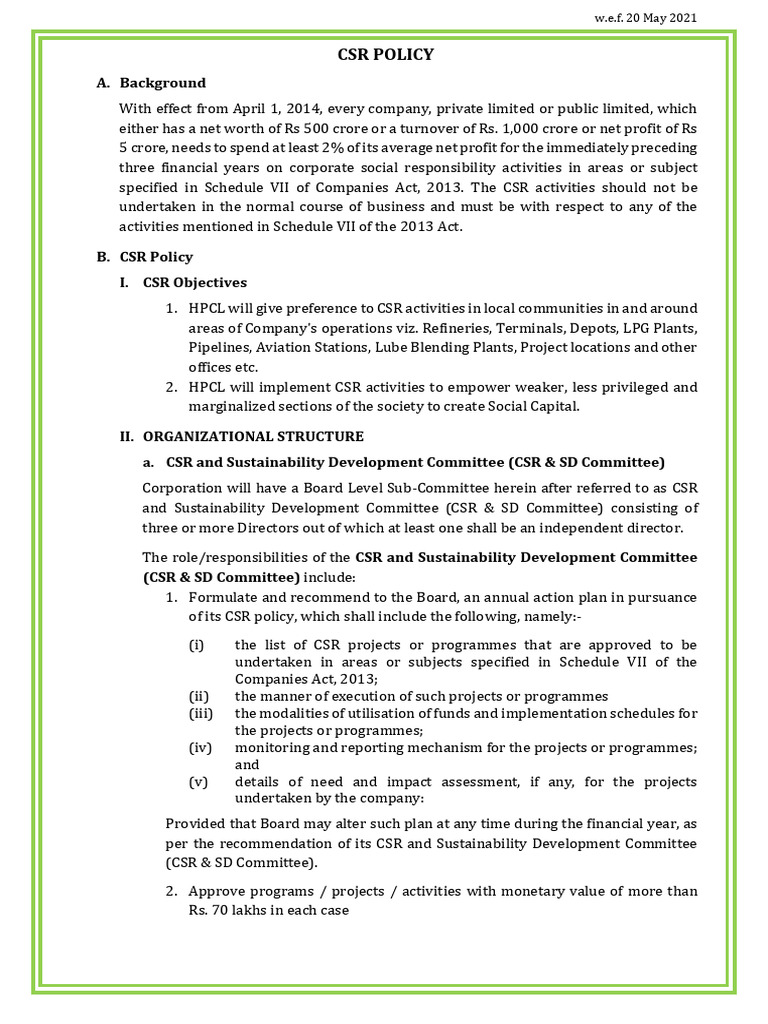 Hindustan Petroleum Corporation Limited - CSR Policy | PDF | Corporate Social Responsibility