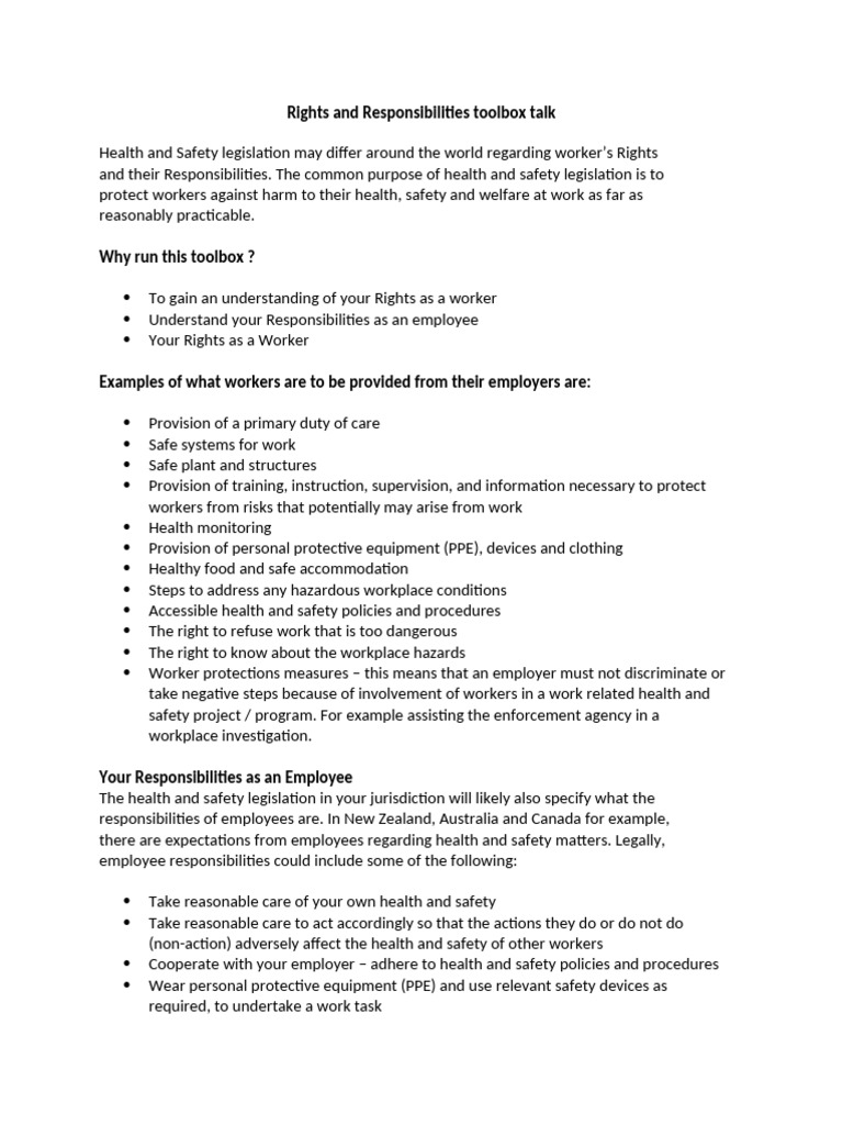 Toolbox Talks - Right and Responsibilities | PDF | Occupational Safety And Health | Safety