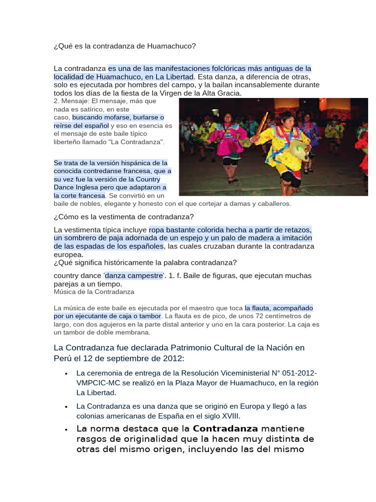 La Contradanza de Huamachuco: Tradición y Vestimenta | PDF | Bailes | Ropa