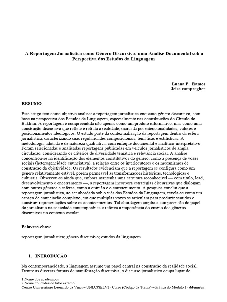 Análise da Reportagem Jornalística | PDF | Discurso | Jornalismo