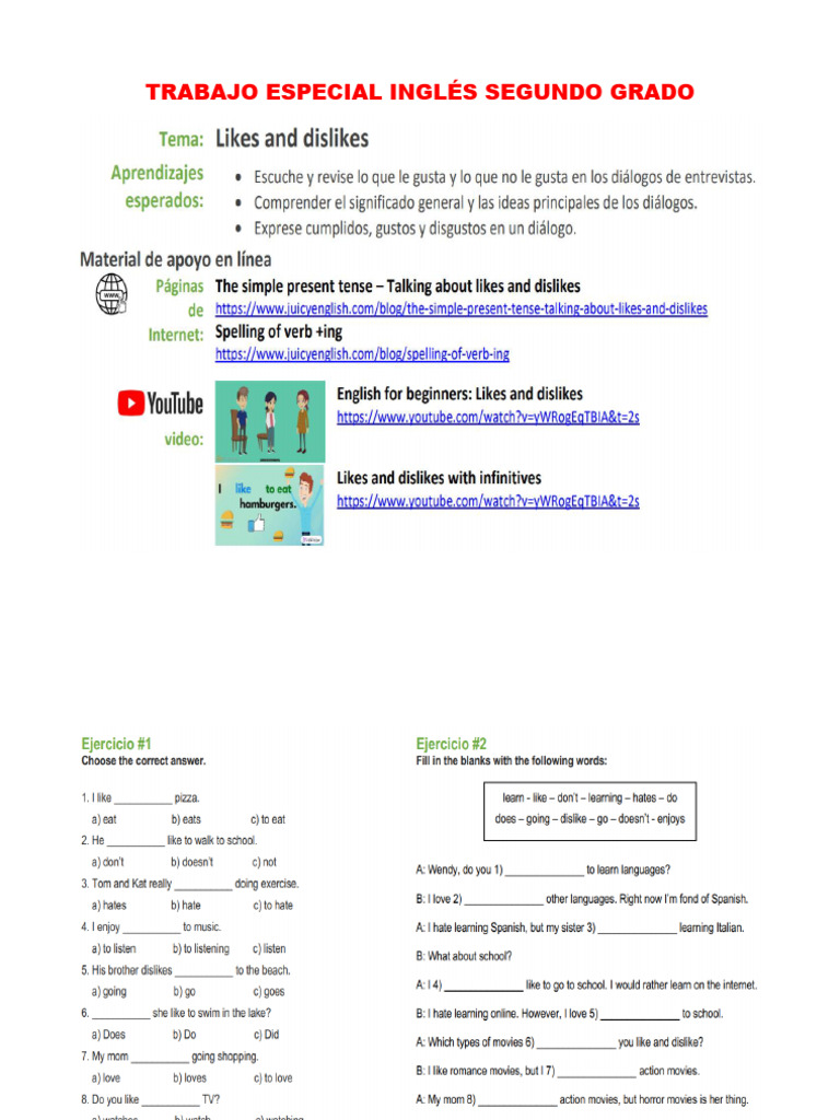 TRABAJO ESPECIAL INGLÉS SEGUNDO GRADO | PDF