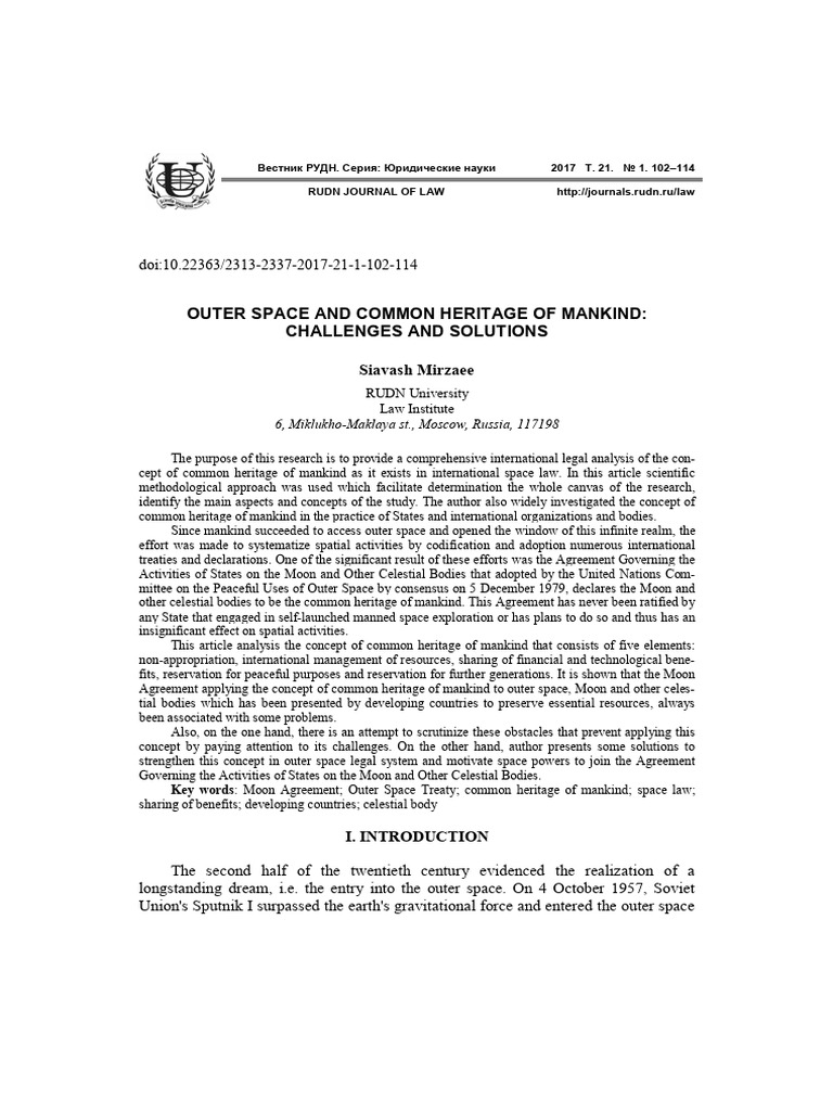 Outer Space and Common Heritage of Mankind Challenges and Solutions ...
