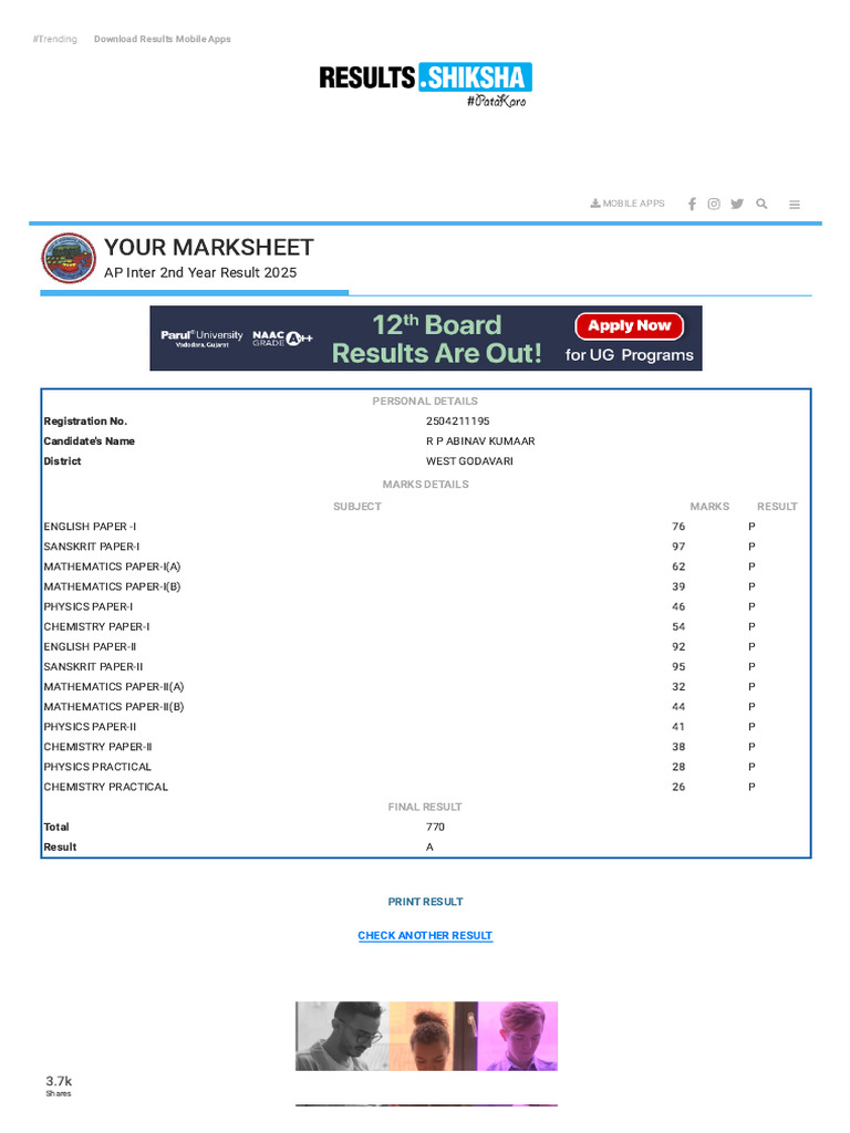 Your Marksheet - Bieap Inter 2nd Year Result 2025 | PDF