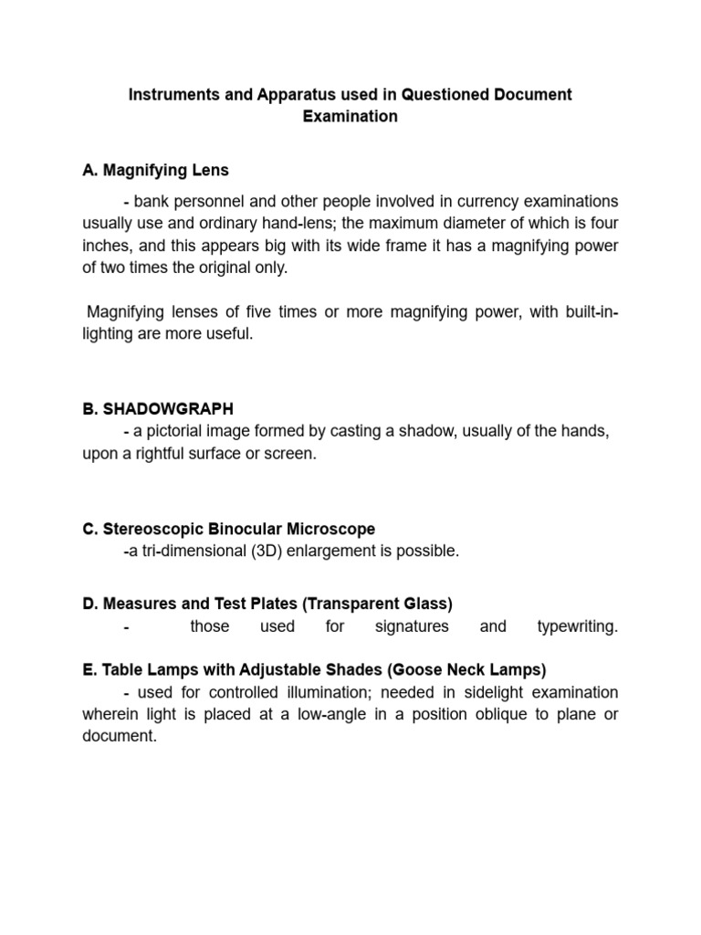 Instruments and Apparatus Used in Questioned Document Examination | PDF ...