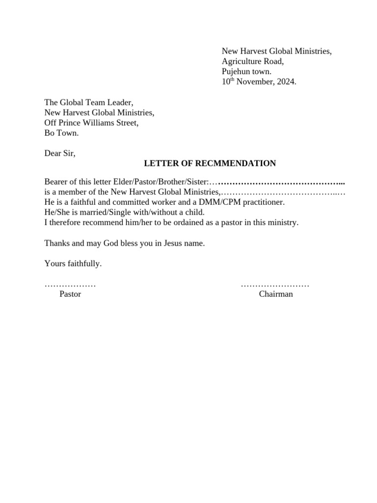 Letter of Recommendation Pastor | PDF