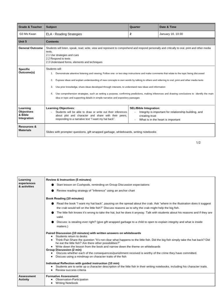 ELA Classroom Observation Lesson Plan 2024 | PDF | Reading Comprehension | Cognitive Psychology