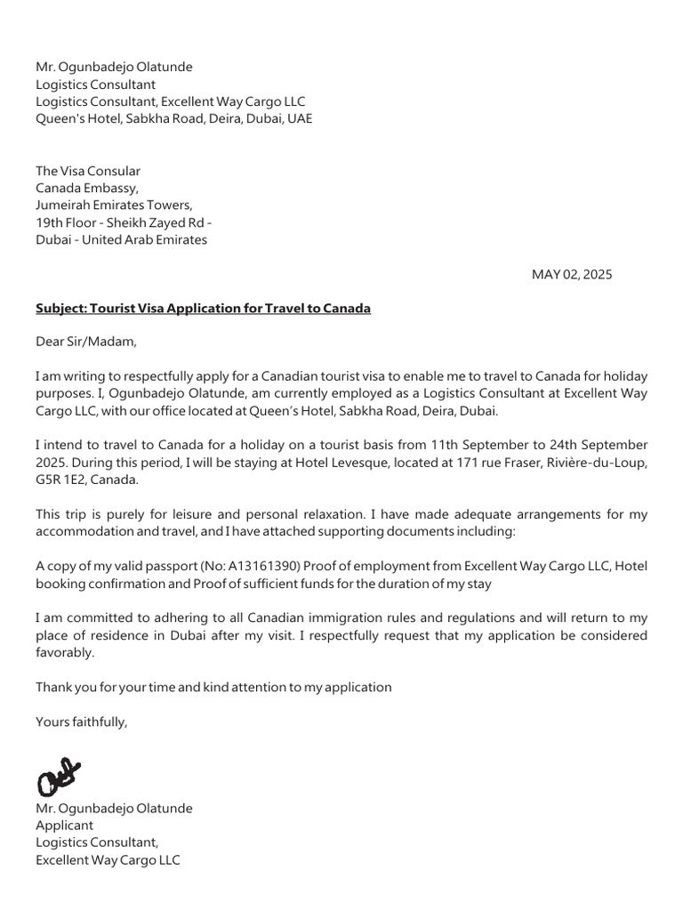 Ogunbadejo Dubia, Canada Self Introduction Letter | PDF