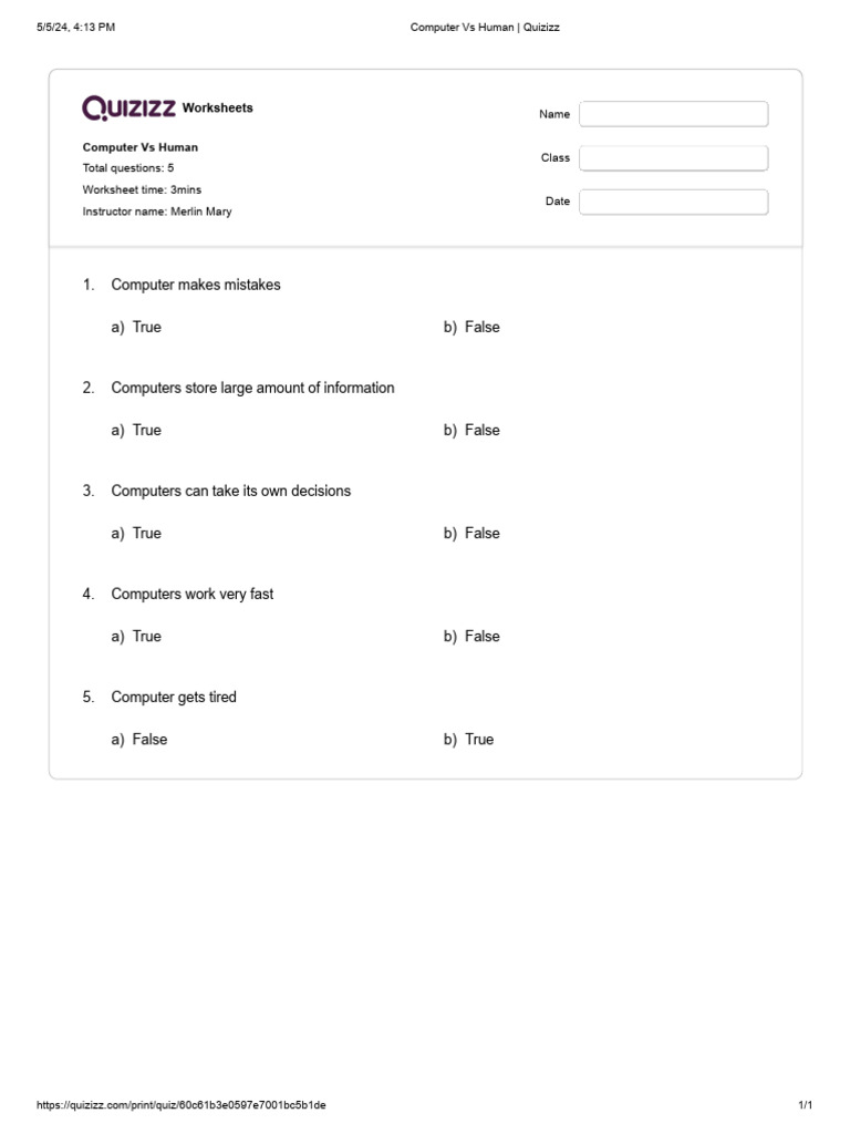 1.6 Computer Vs Human _ Quizizz | PDF