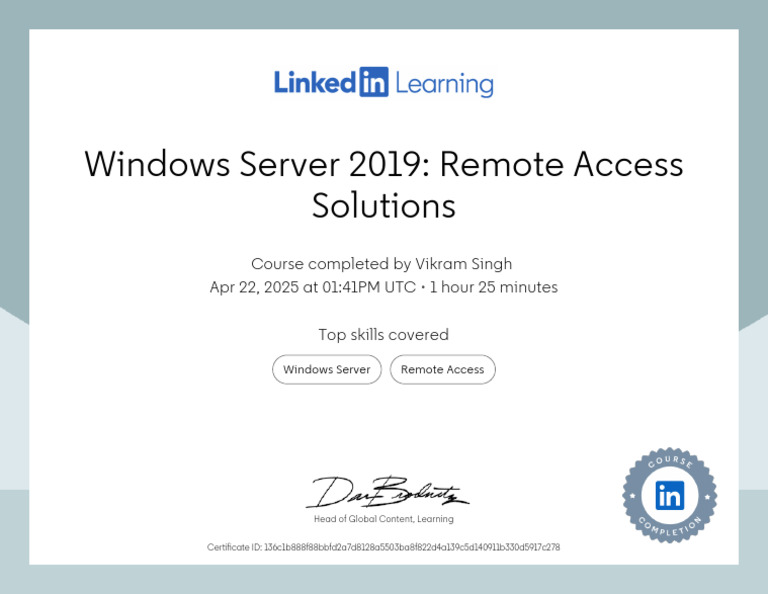 CertificateOfCompletion - Windows Server 2019 Remote Access Solutions | PDF