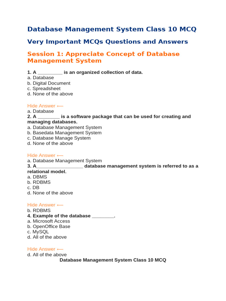 Database Management System Class 10 MCQ | PDF | Databases | Sql