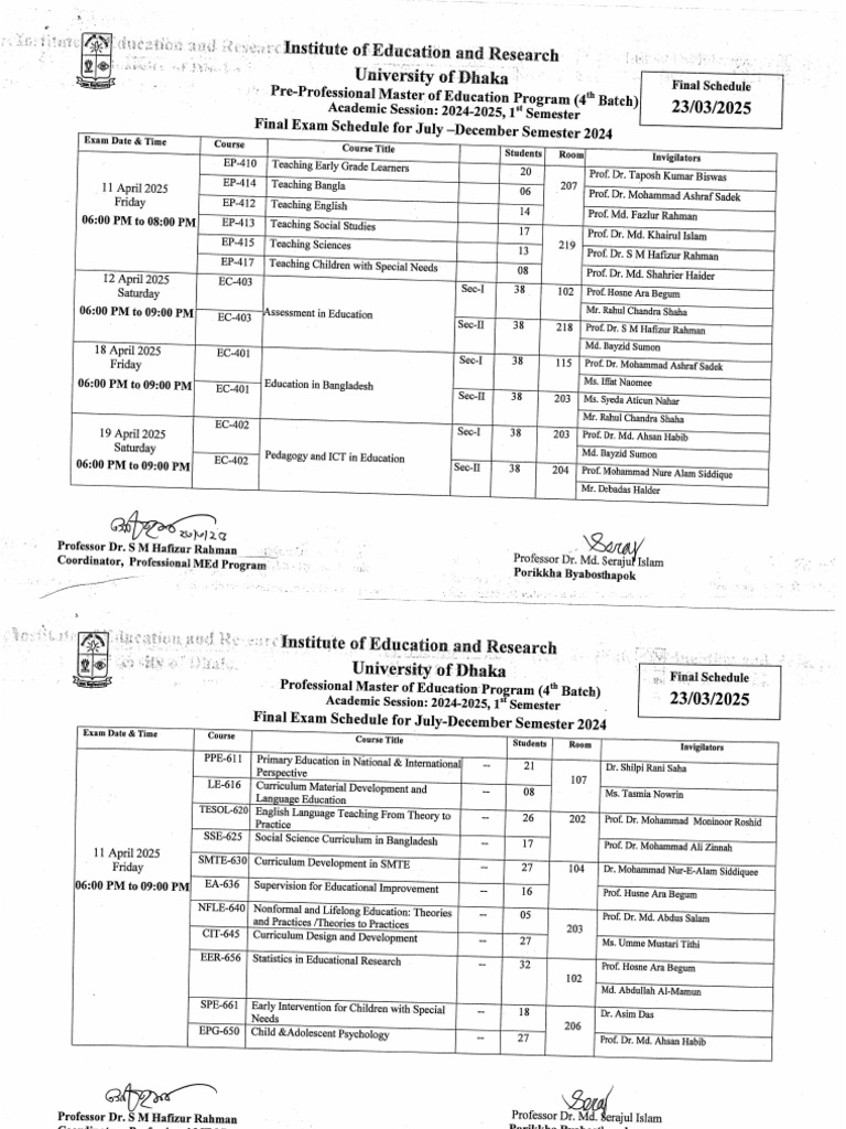 Final Exam Schedule For Pre-MEd & Professional MEd | PDF