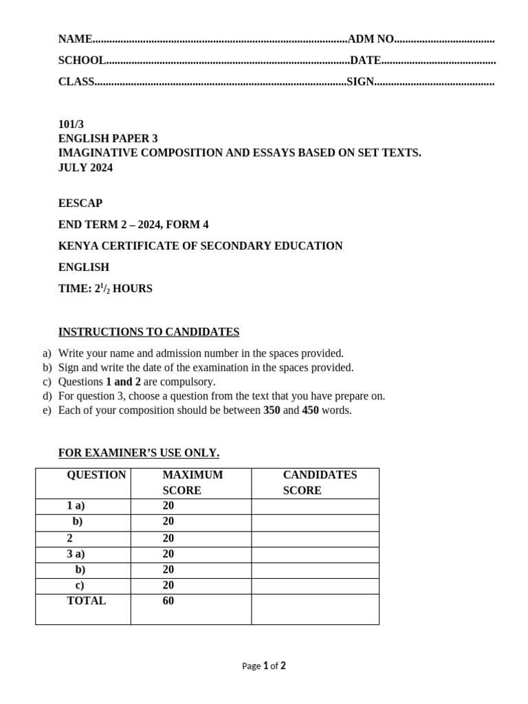 Form 4 English Paper 3 Exam July 2024 | PDF