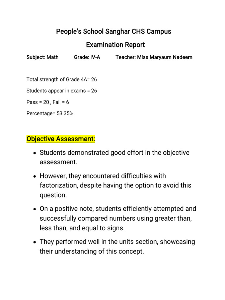 Examination Report Grade 4A | PDF