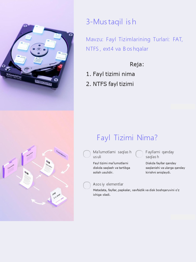 3-Mus Taqil Is H: Mavzu: Fayl Tizimlarining Turlari: FAT, NTFS, Ext4 Va B Os Hqalar | PDF