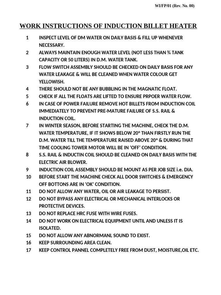 Induction Billet Heater Work Instructions | PDF