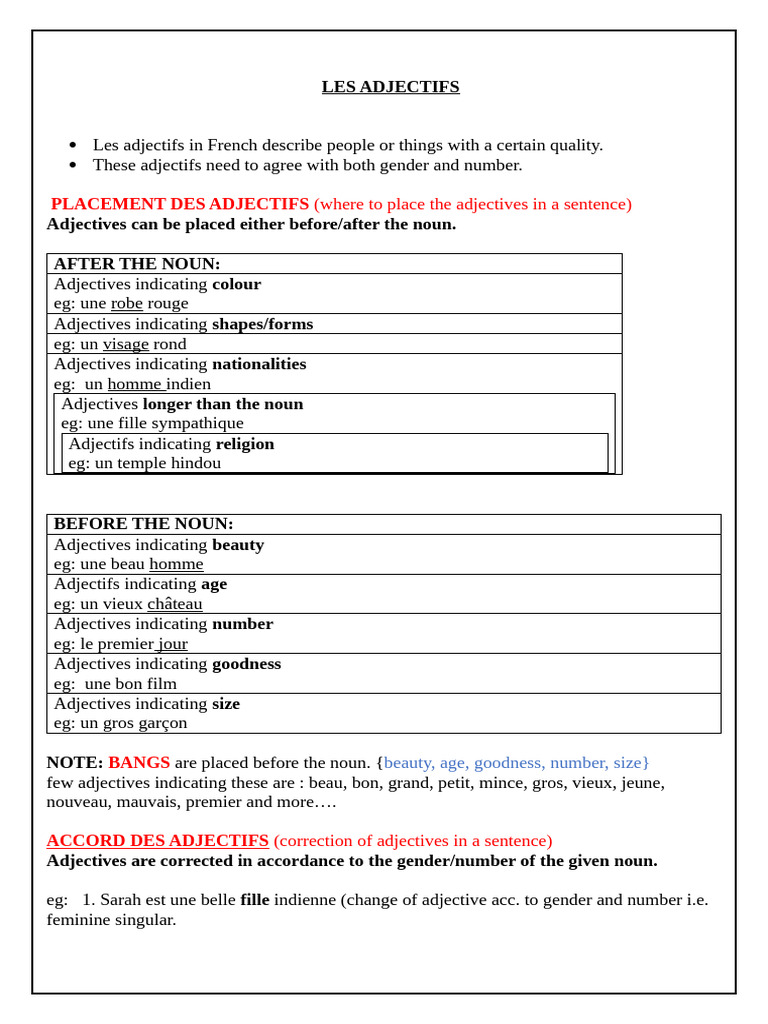 Adjectifs en français : Accord et Placement | PDF