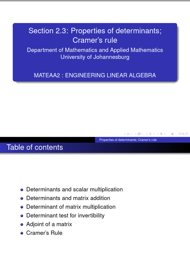 2.3 Properties of Determinants, Cramers Rule | PDF | Determinant ...